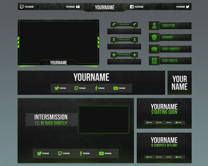 Twitch Stream Overlays Package | Green & Black Neon Pack | Customizable ...