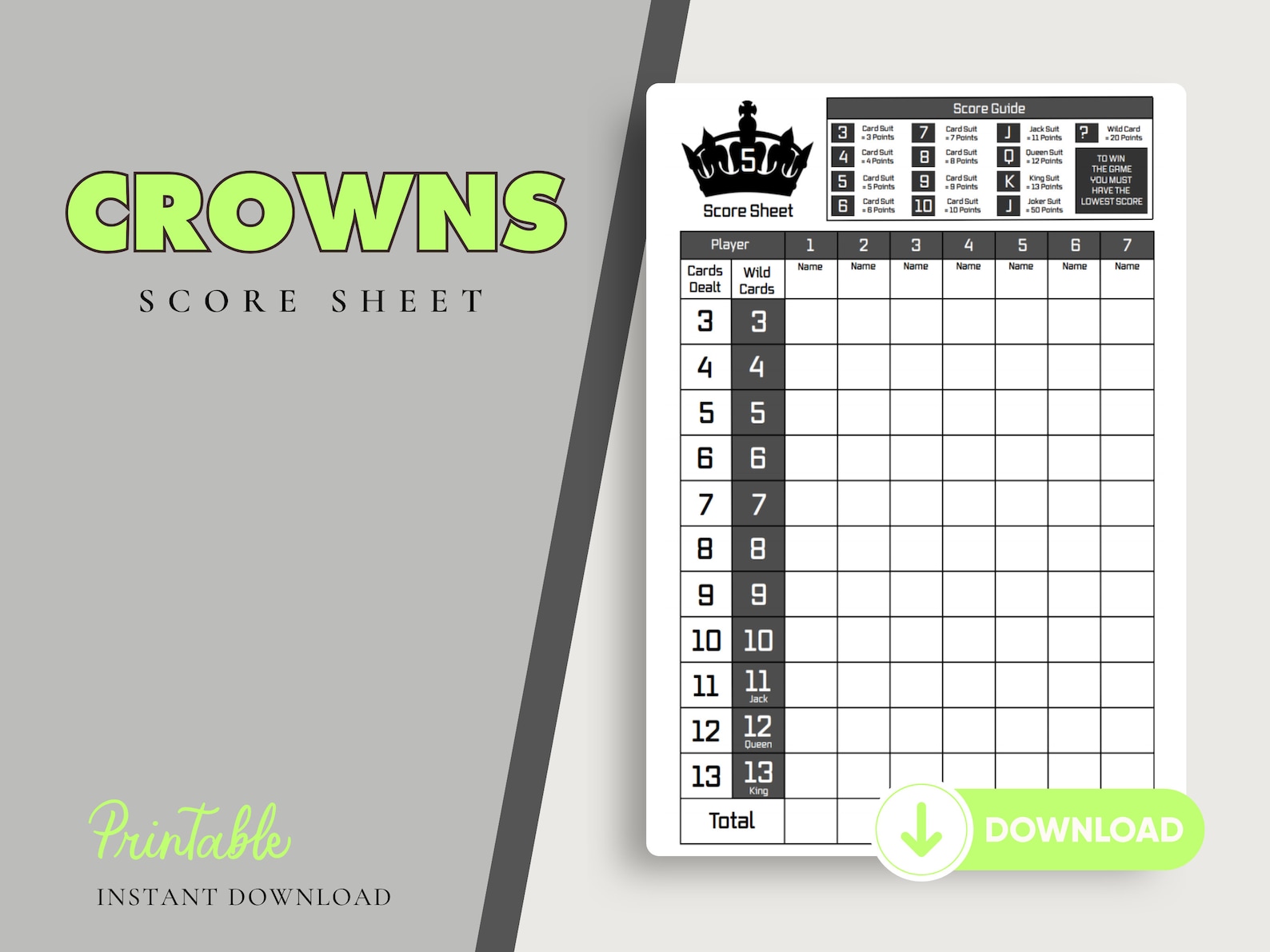 5 Crowns Score Card Sheet Printable, Instant Download Refill Sheets - Etsy