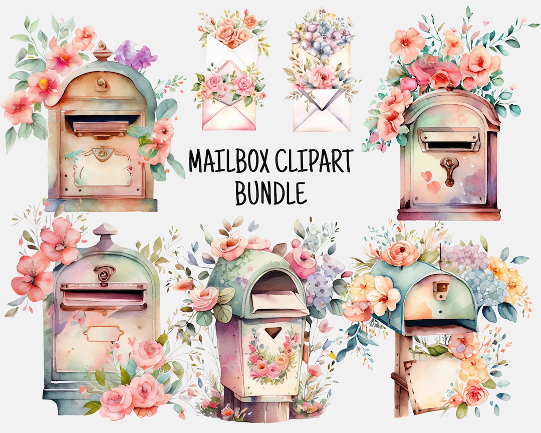 Mailbox Clipart Watercolor Bundle, Rustic Flower Mailbox Cute Floral ...