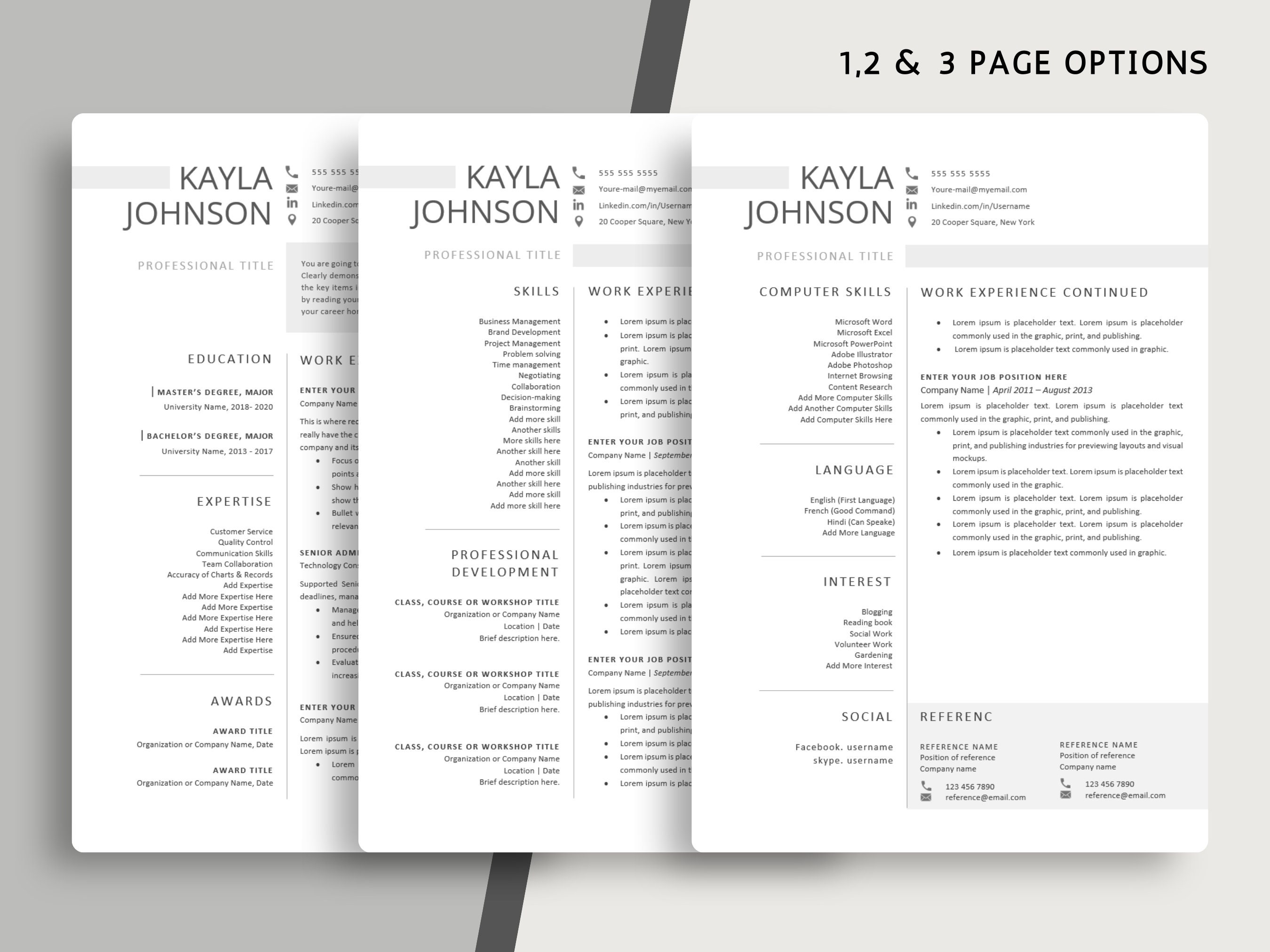 Resume Template, 1,2,3 Page Versions, Cover Letter & References ...