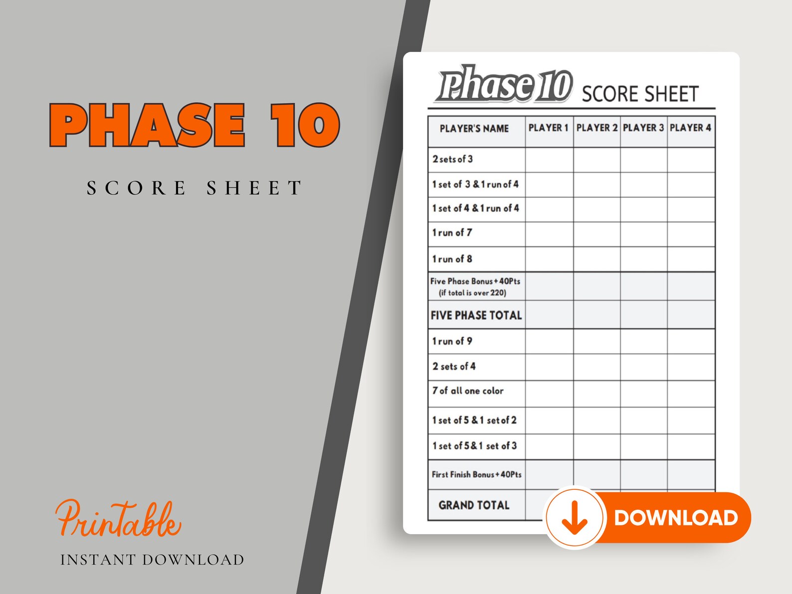 Phase 10 Score Card Sheet Printable, Instant Download Refill Sheets - Etsy