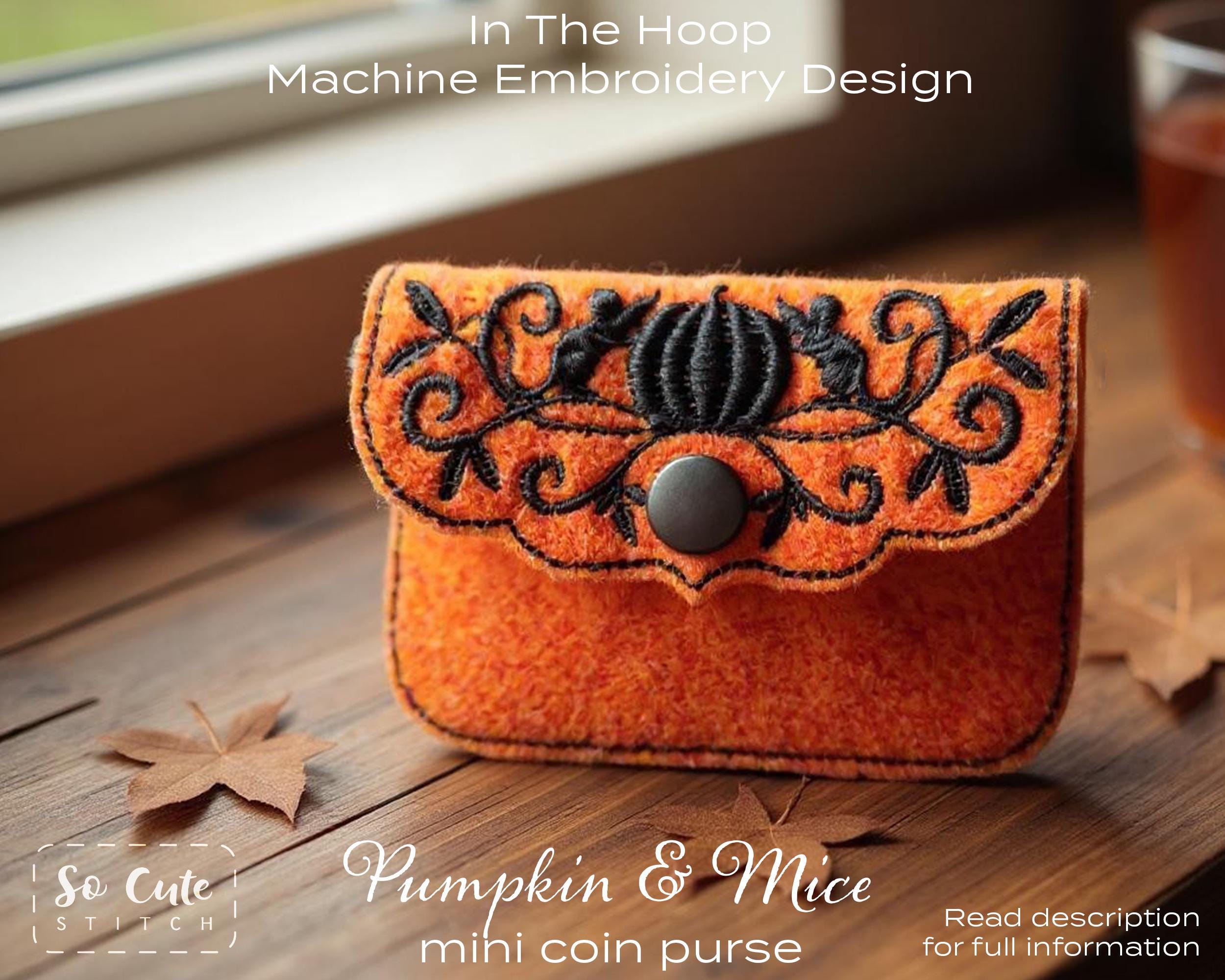 In-the-hoop Embroidery Design: Autumn Pumpkin & Mice Coin Purse for 4x4 ...