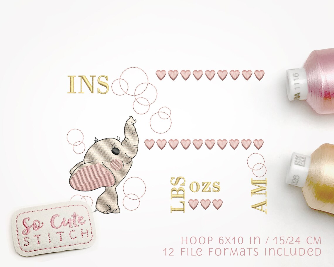 Elephant Birth Announcement Embroidery Design: Baby Stats Template ...