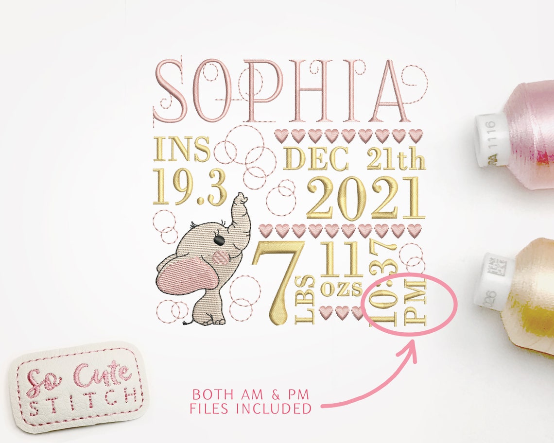 Elephant Birth Announcement Embroidery Design Template for - Etsy