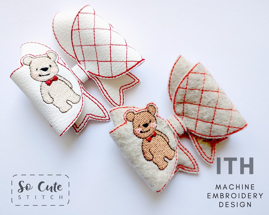 ITH Bear Hair Bow Embroidery Design, in the Hoop Faux Leather Bow ...