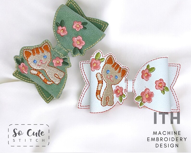 ITH Cat Hair Bow Embroidery Design: Faux Leather Kitten Bow (4x4 Hoop ...