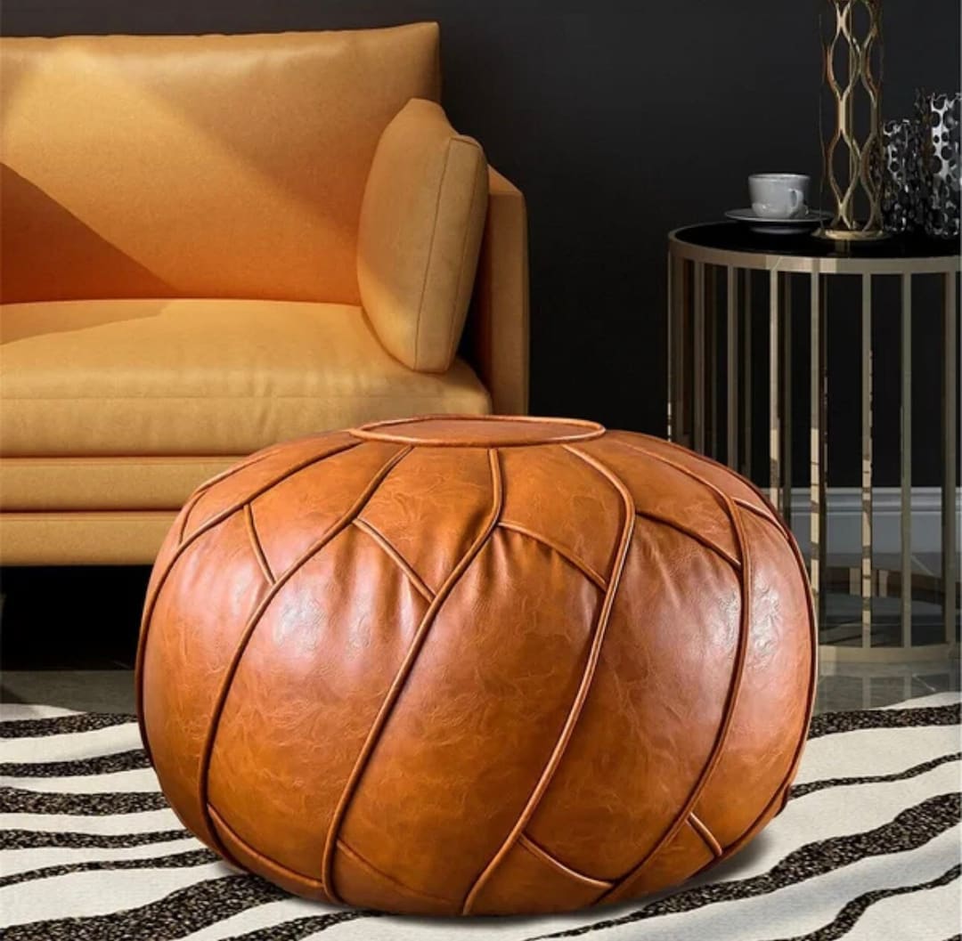 50%OFF moroccan Leather Pouf, Round Pouf, Berber Pouf, Tan Pouf, Round ...