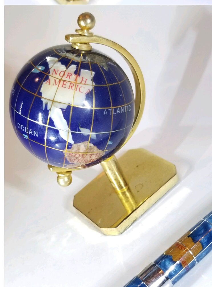 Vintage Collectible Marine Blue Gemstone Globe Pen With Accompanying ...