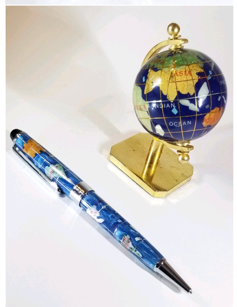 Vintage Collectible Marine Blue Gemstone Globe Pen With Accompanying ...