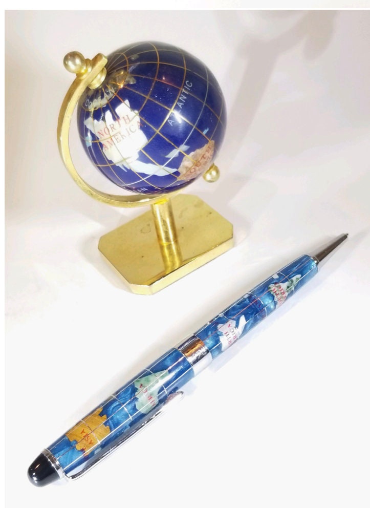 Vintage Collectible Marine Blue Gemstone Globe Pen With Accompanying ...