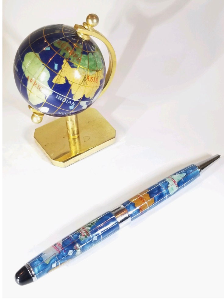 Vintage Collectible Marine Blue Gemstone Globe Pen With Accompanying ...