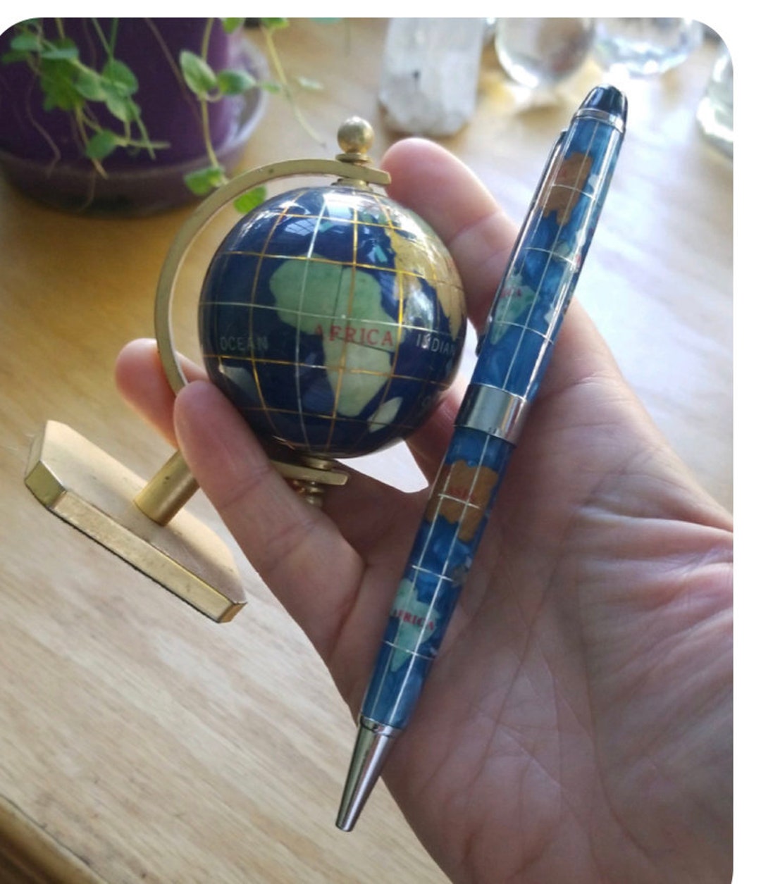Vintage Collectible Marine Blue Gemstone Globe Pen With Accompanying ...