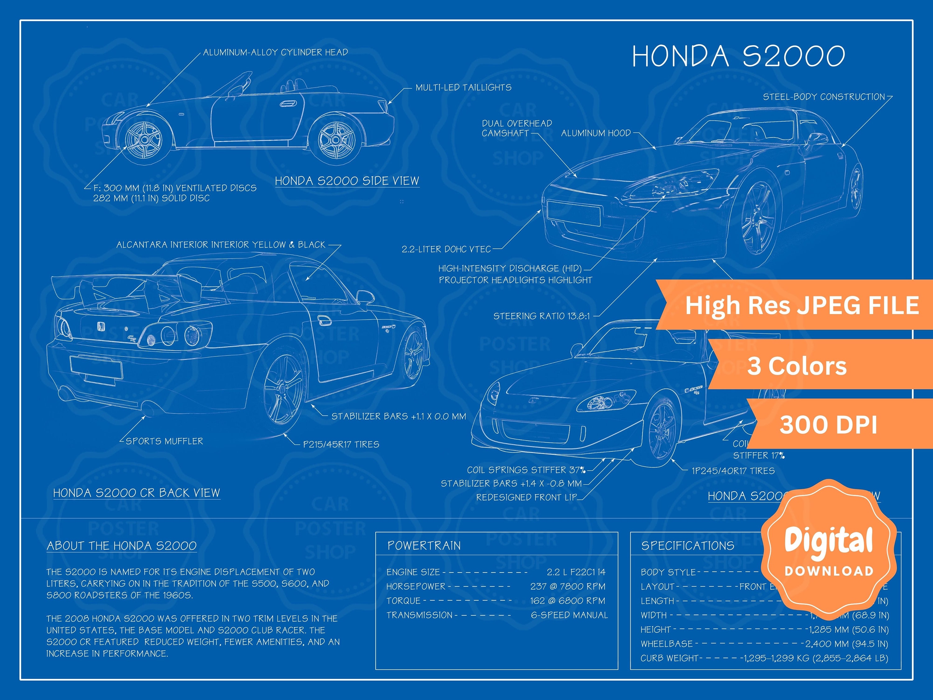 Honda S2000 Blueprint Poster, Wall Art, Gift for Boyfriend - JPEG ...