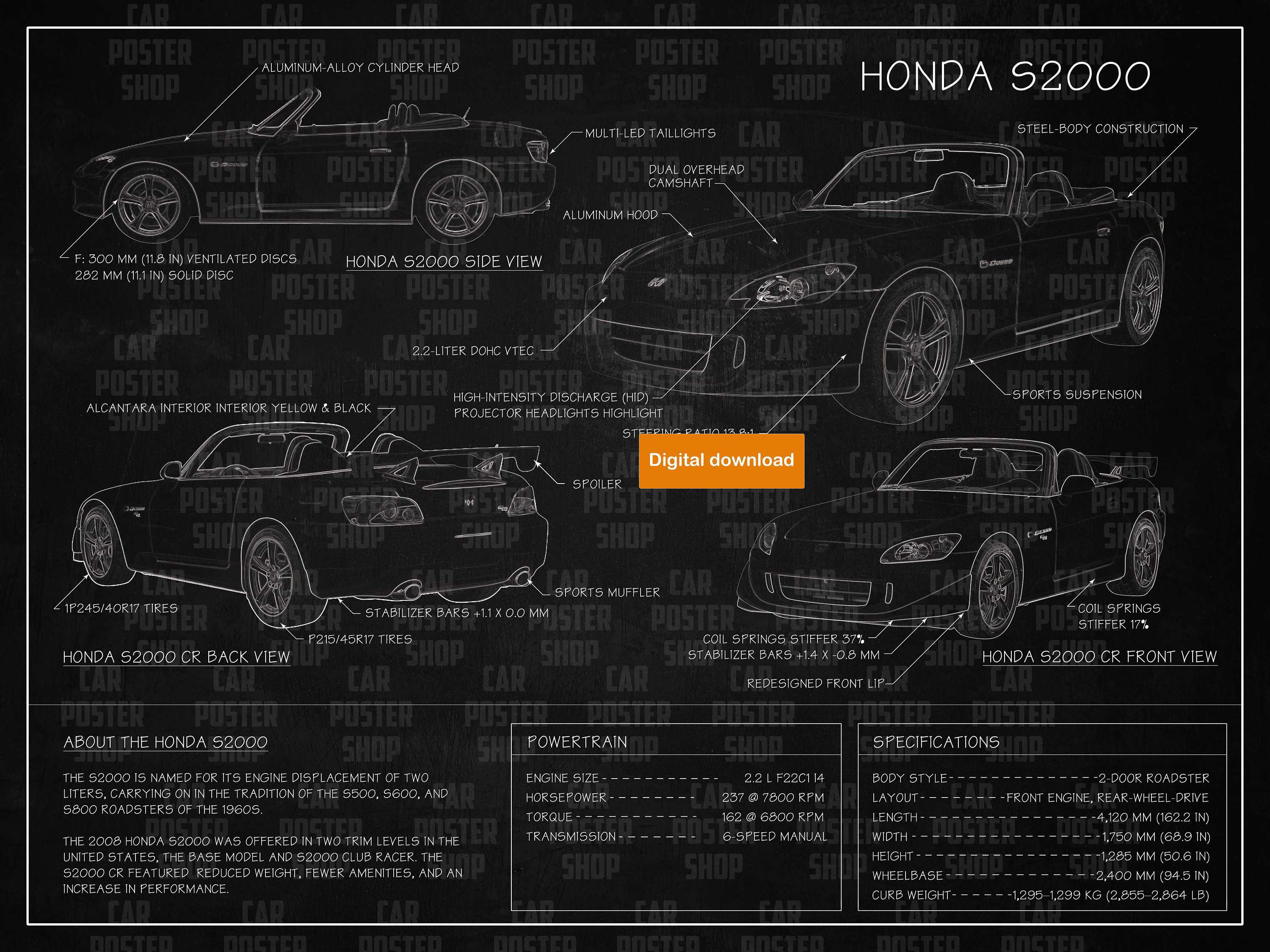 Honda S2000 Blueprint Poster Wall Art Gift for Boyfriend | Etsy
