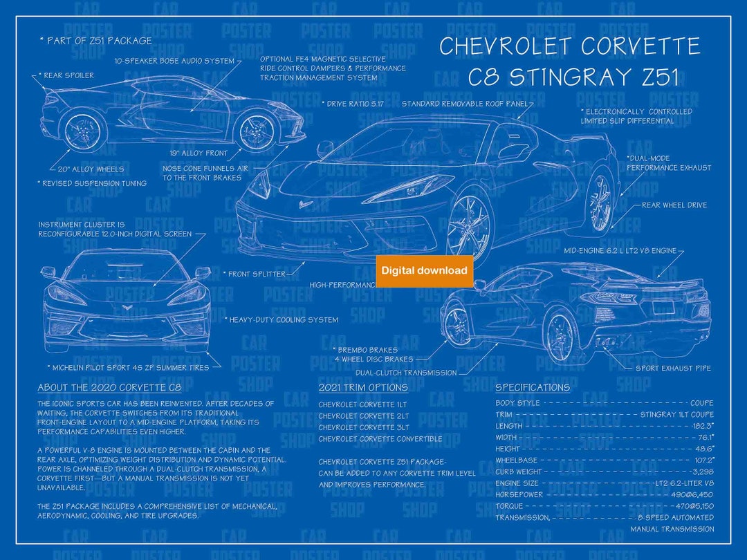 Chevrolet Corvette C8 Stingray Z51 Car Art Blueprint Wall - Etsy
