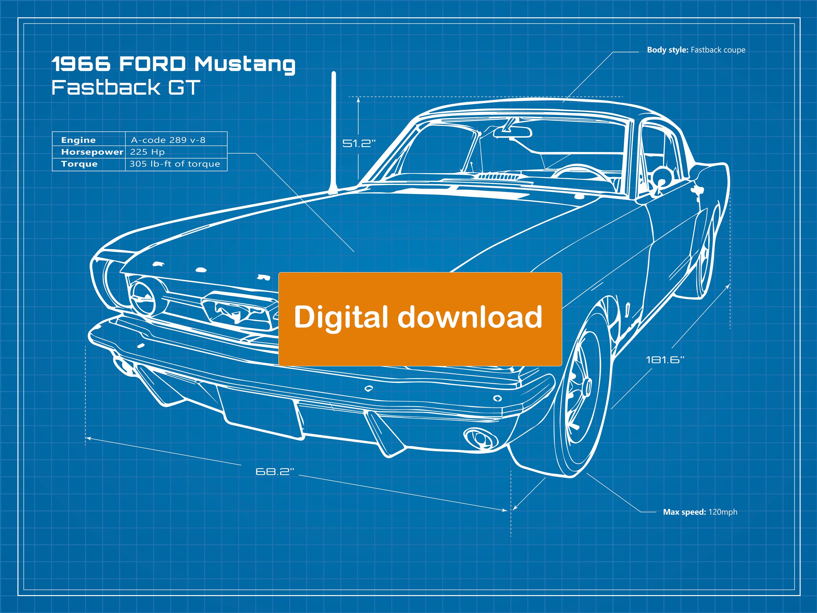 1966 Mustang Fastback Poster 18"x24" (JPEG Image File) - Etsy
