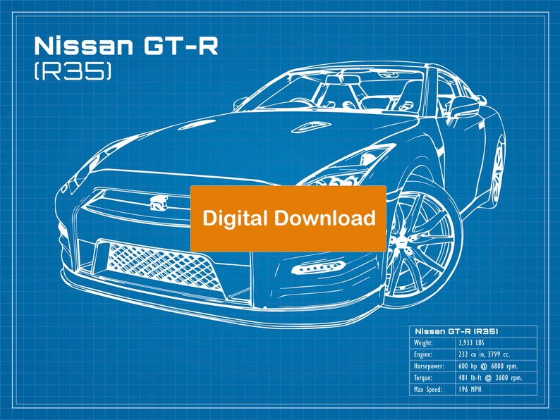 Nissan GT-R R35 Blueprint Poster 18"x24" (JPEG Image File) - Etsy