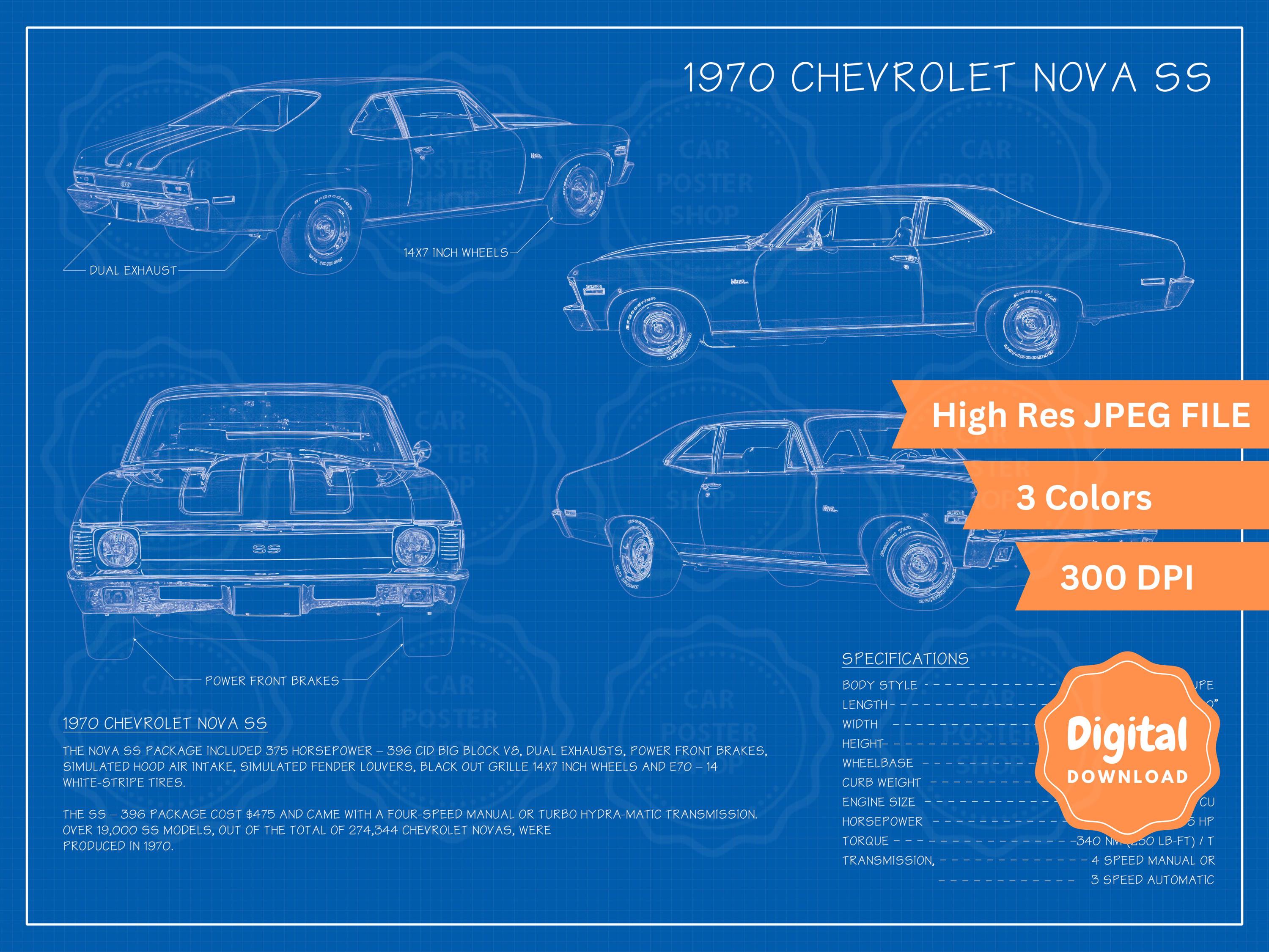 1970 Chevrolet Nova SS Blueprint Poster, Car Wall Art, High Quality ...