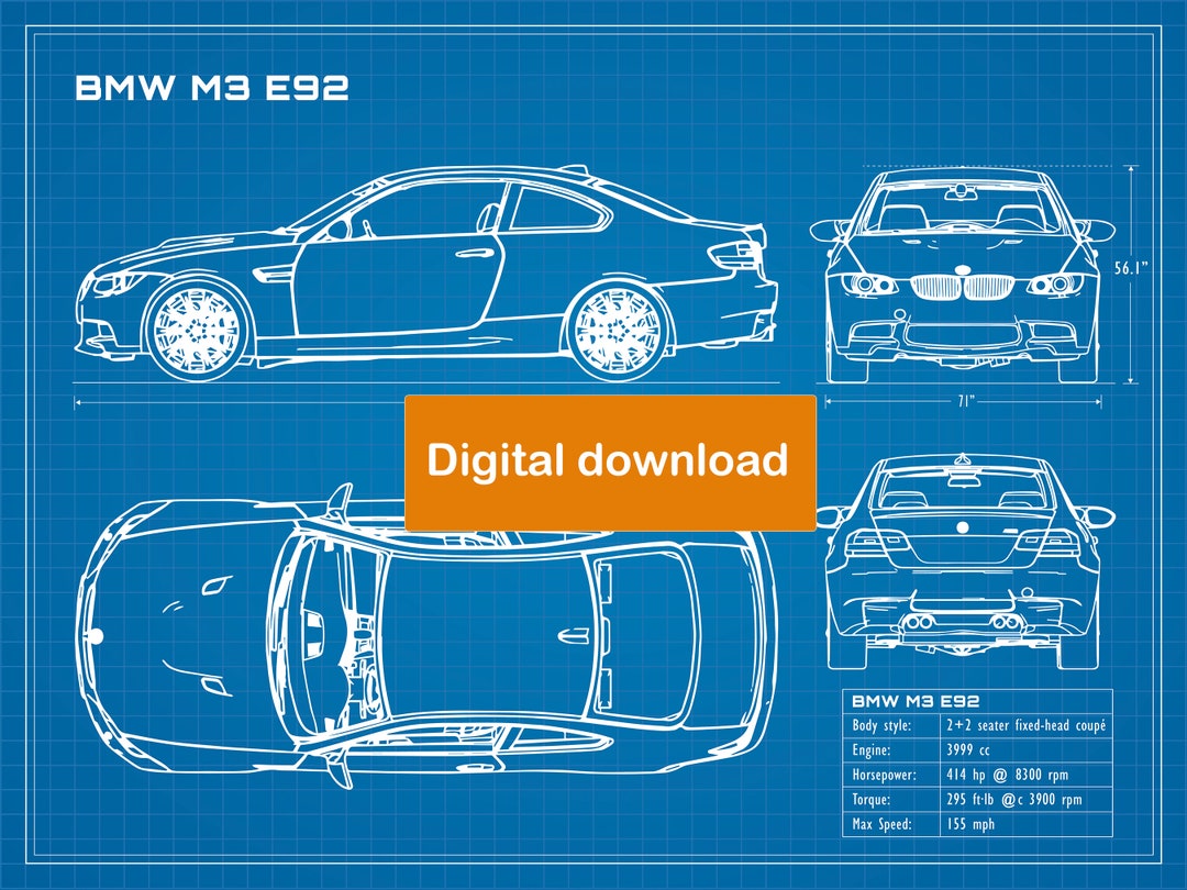 BMW M3 E92 Blueprint Poster 18"x24" (JPEG Image File) - Etsy
