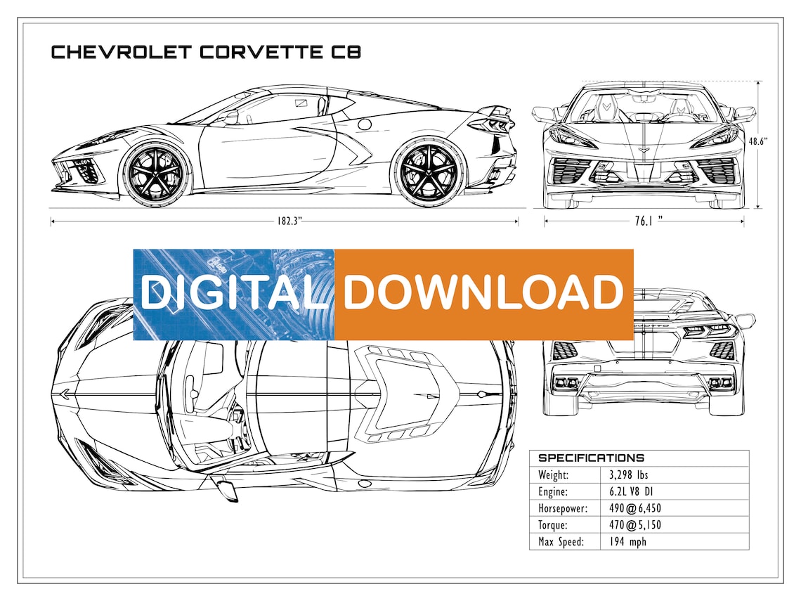 2020 Chevrolet Corvette C8 Blueprint Poster Art 18"x24" (JPEG Image ...