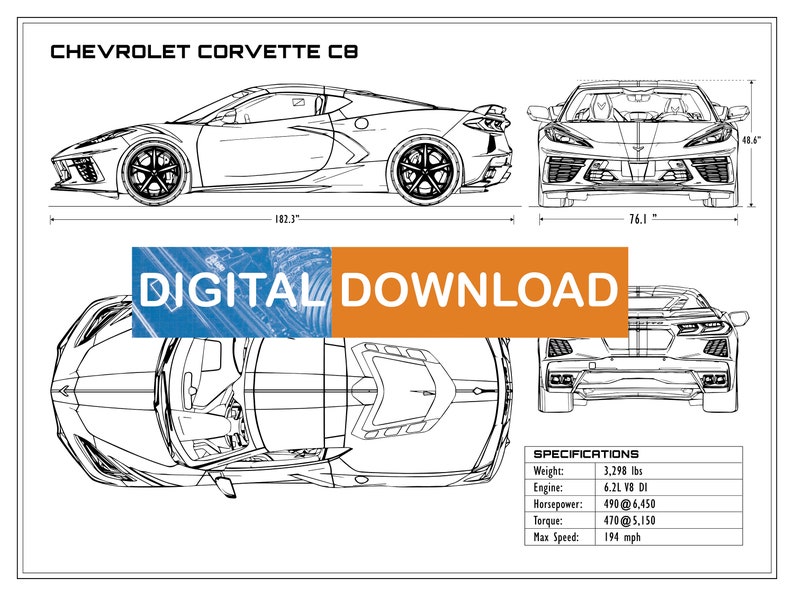 2020 Chevrolet Corvette C8 Blueprint Poster Art 18"x24" (JPEG Image ...