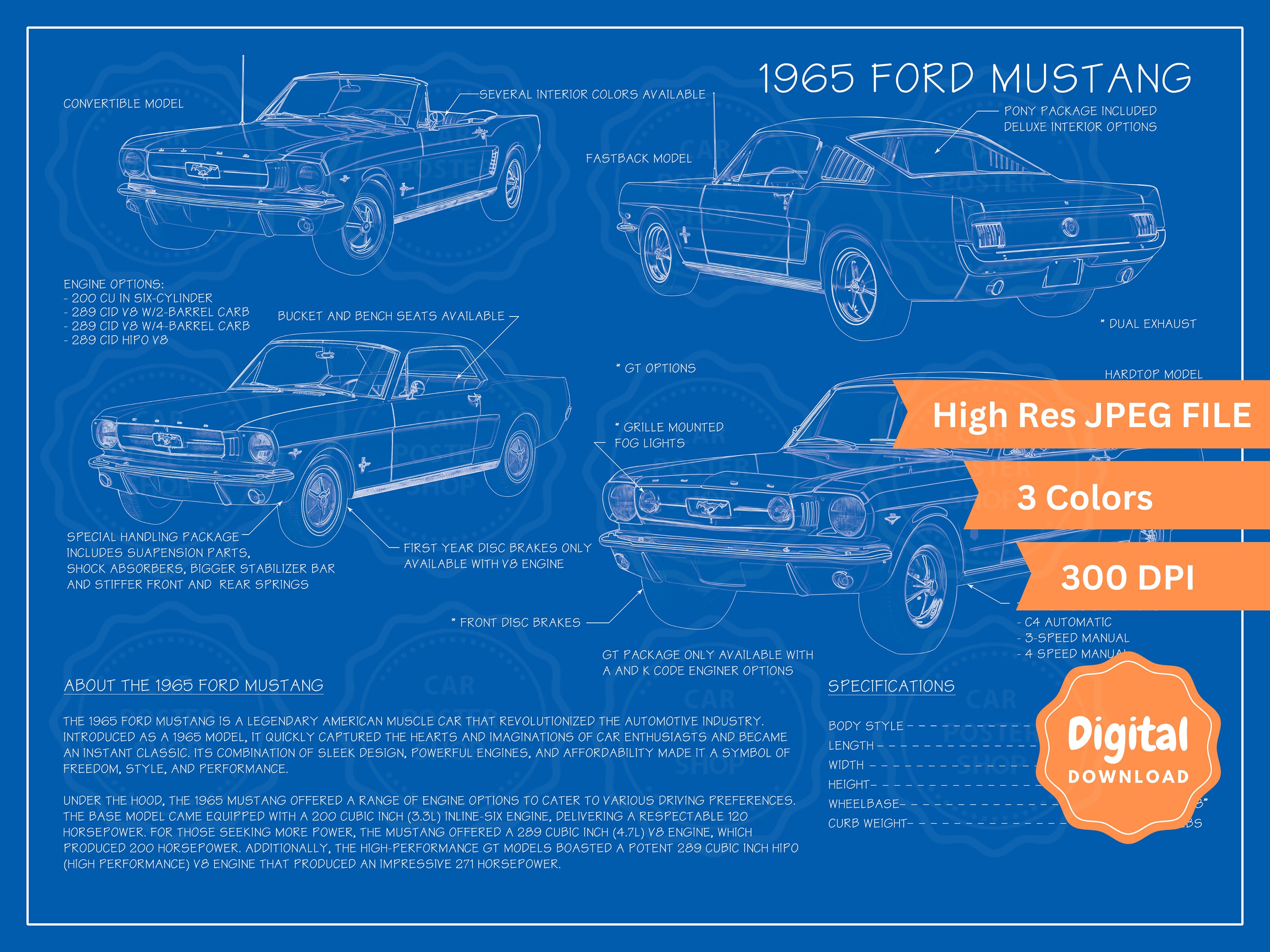 1965 Mustang Blueprint High Resolution JPEG File, Digital Download - Etsy