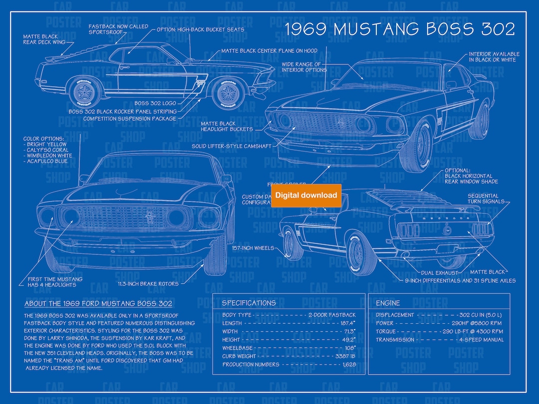 Ford Mustang Boss 302 (1969) Blueprint Poster, Printable Wall Art ...