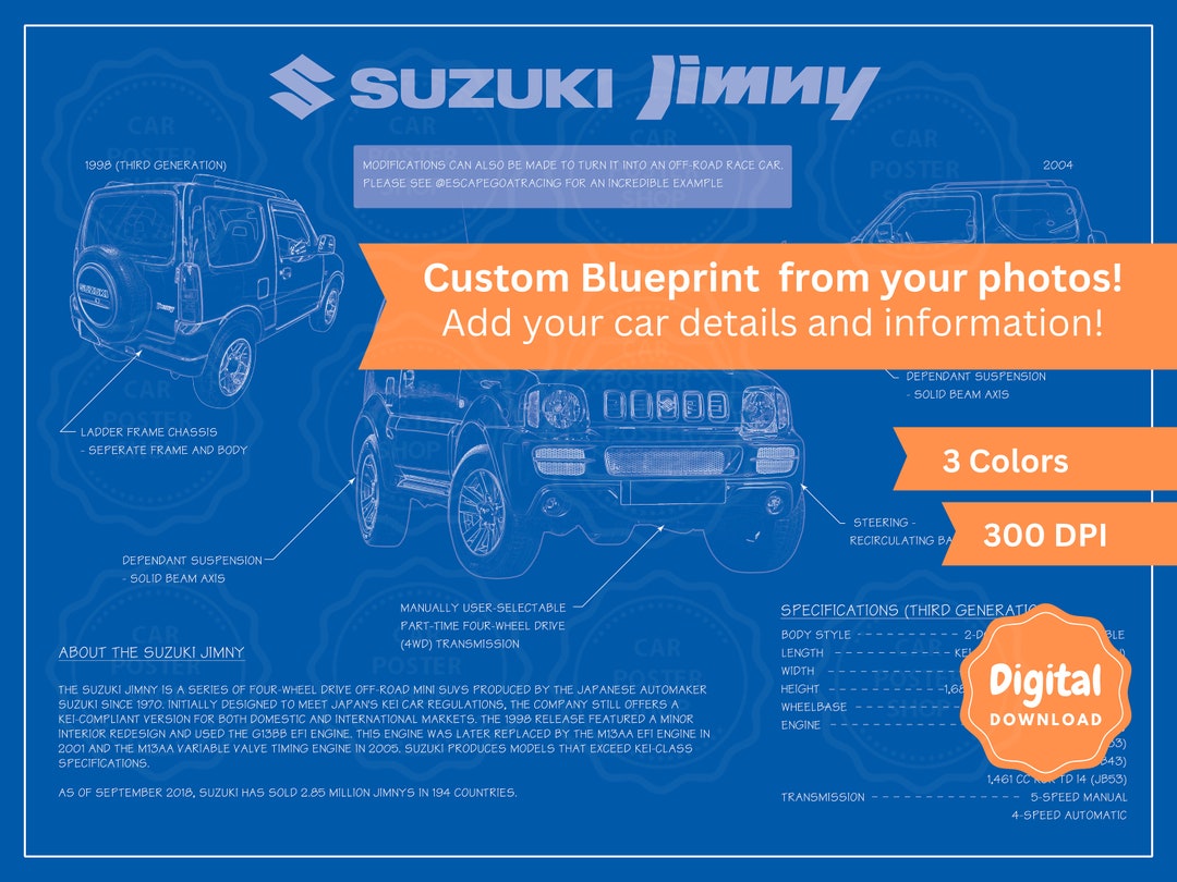 Suzuki Jimny, Car Art Blueprint Wall Art Poster. Digital Download - Etsy