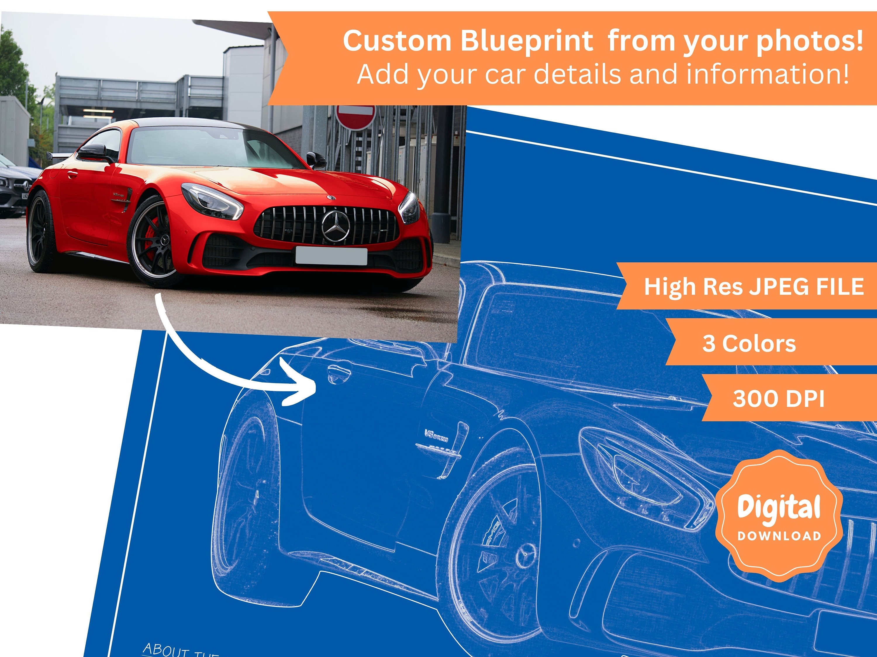 Custom Car Blueprint Poster, Digital Download File. Personalized Car ...
