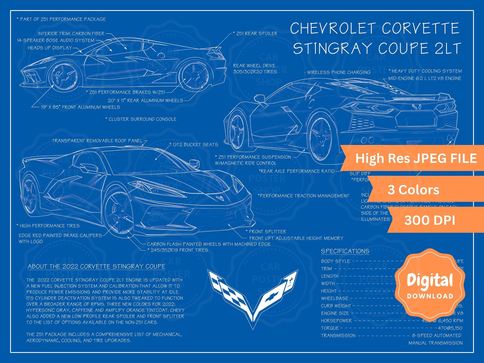 Chevrolet Corvette (C8) Stingray Z51, Car Art Blueprint Wall Art Poster ...