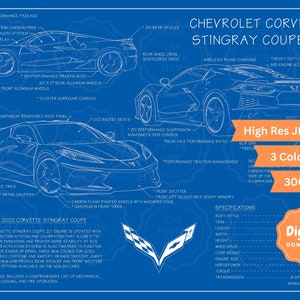Chevrolet Corvette (C8) Stingray Z51, Car Art Blueprint Wall Art Poster ...