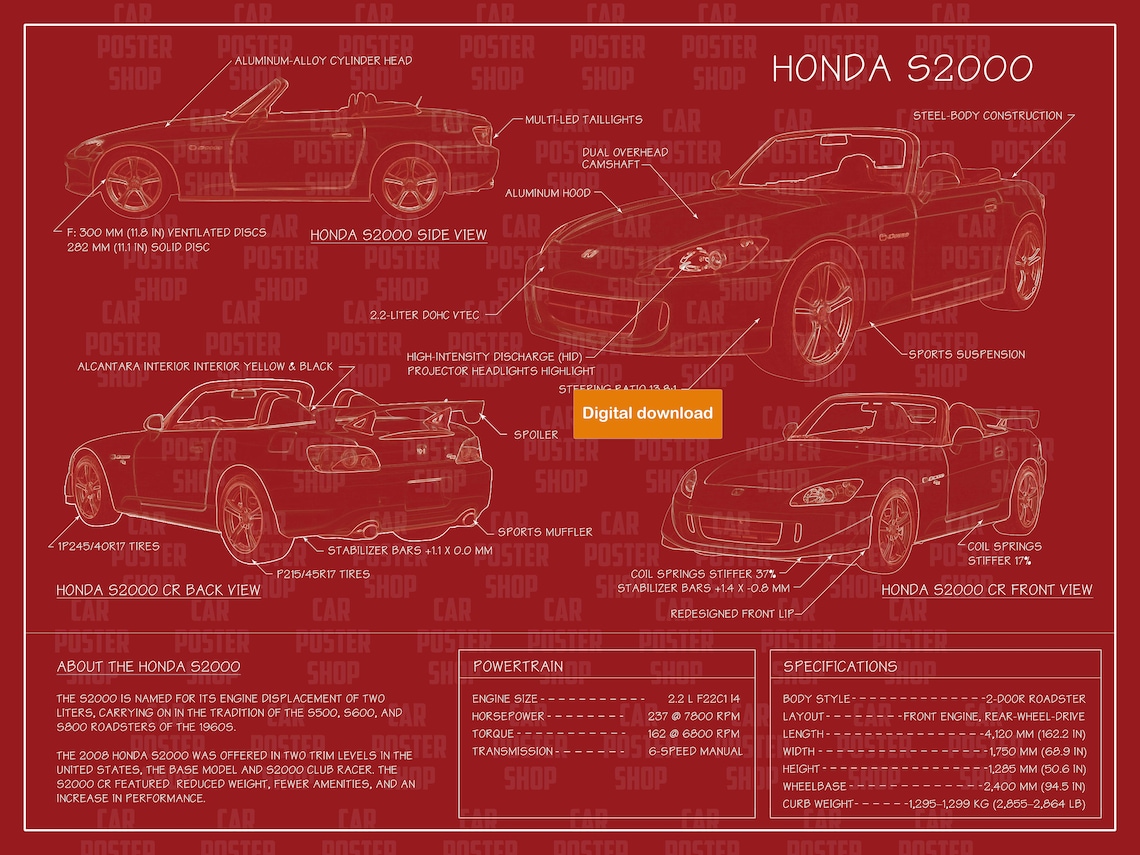 Honda S2000 Blueprint Poster Wall Art Gift for Boyfriend - Etsy