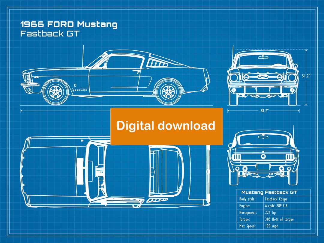 1966 Ford Mustang Fastback GT Blueprint Poster 18"x24" (JPEG Image File ...