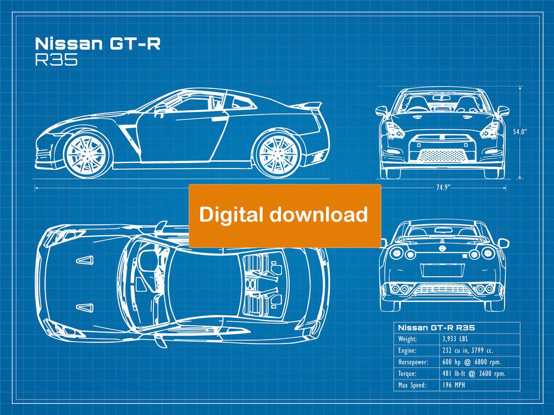 Nissan GT-R R35 Blueprint Poster 18"x24" (JPEG Image File), Car Art ...