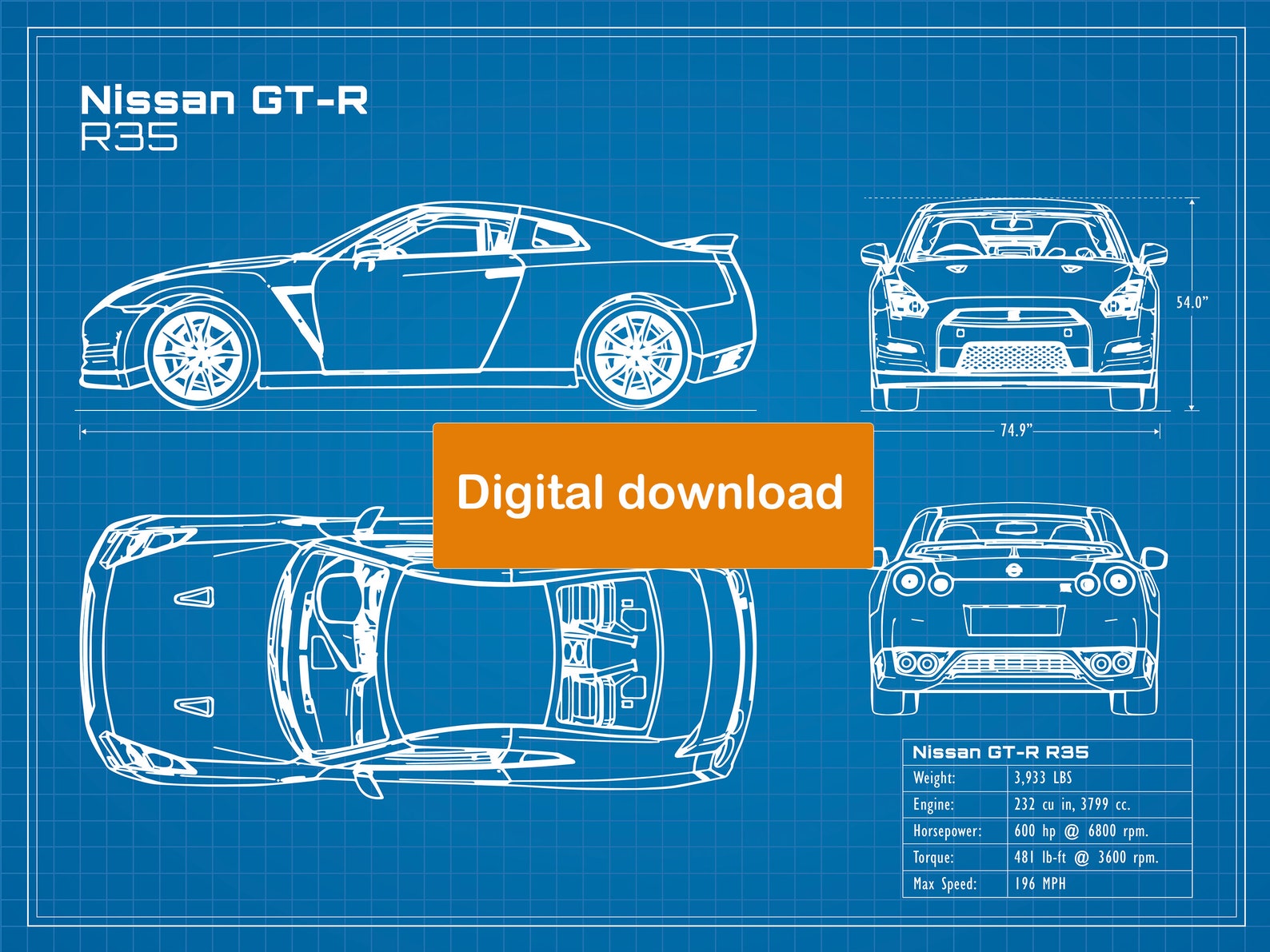Nissan GT-R R35 Blueprint Poster 18x24 JPEG Image File, Car Art Poster ...
