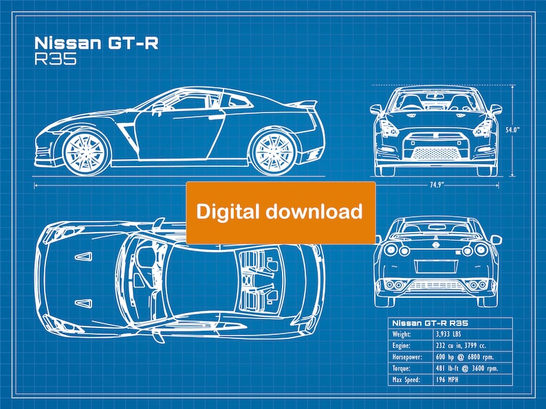 Nissan GT-R R35 Blueprint Poster 18"x24" (JPEG Image File), Car Art ...