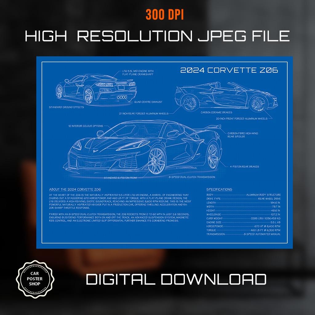 2024 Corvette C8 Z06 Blueprint Poster, Digital Download, High Quality ...