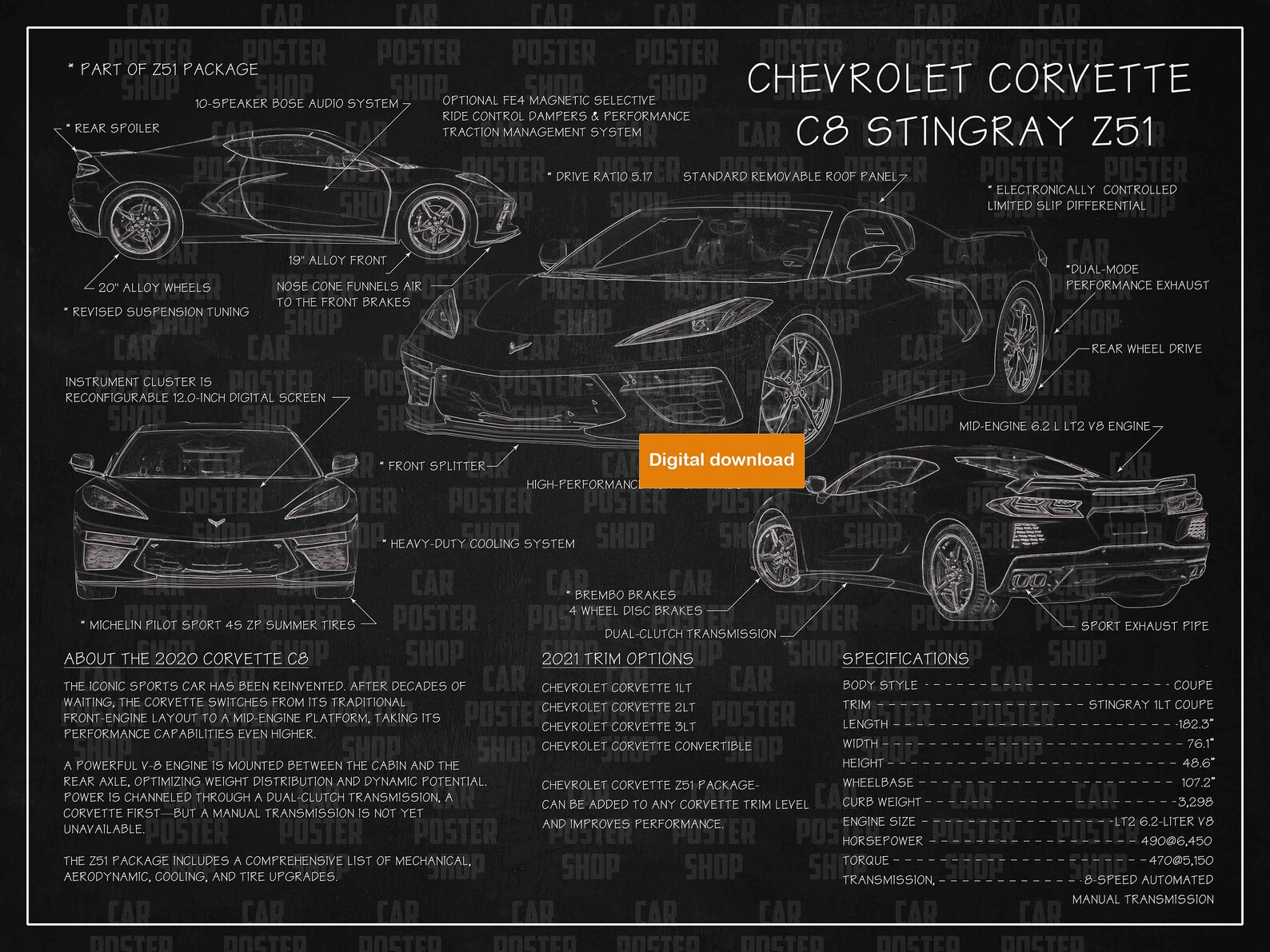 Chevrolet Corvette C8 Stingray Z51 Car Art Blueprint Wall | Etsy