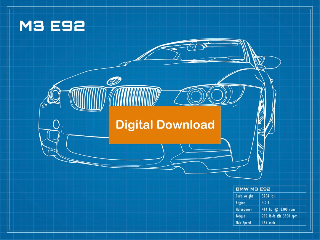 BMW M3 E92 Poster 18"x24" (JPEG Image File) - Blueprint - Etsy