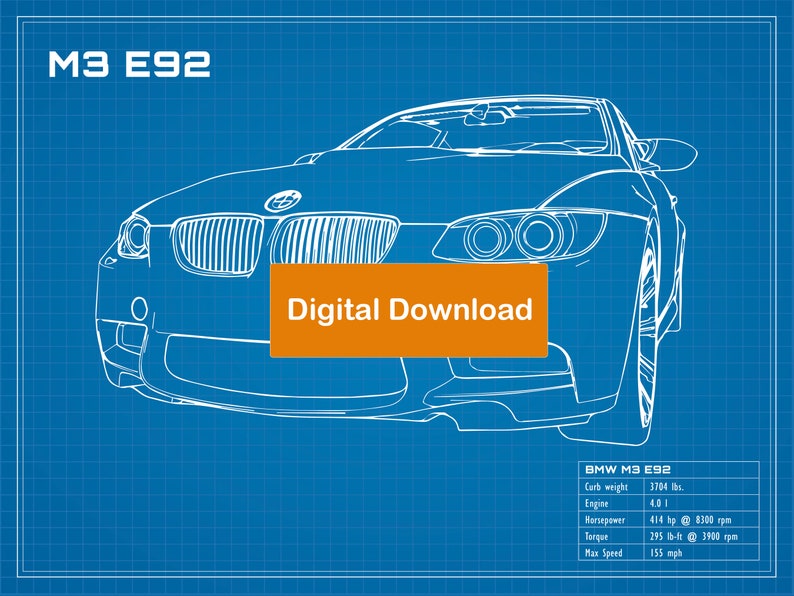 BMW M3 E92 Poster 18x24 JPEG Image File Blueprint - Etsy