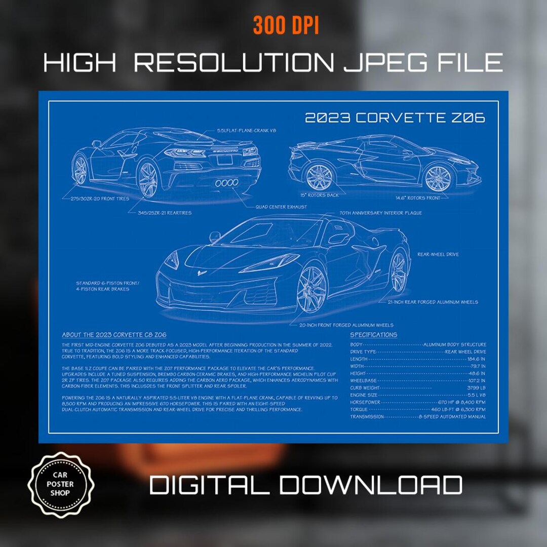 2023 Corvette C8 Z06 Blueprint, High Resolution JPEG, Digital Download ...