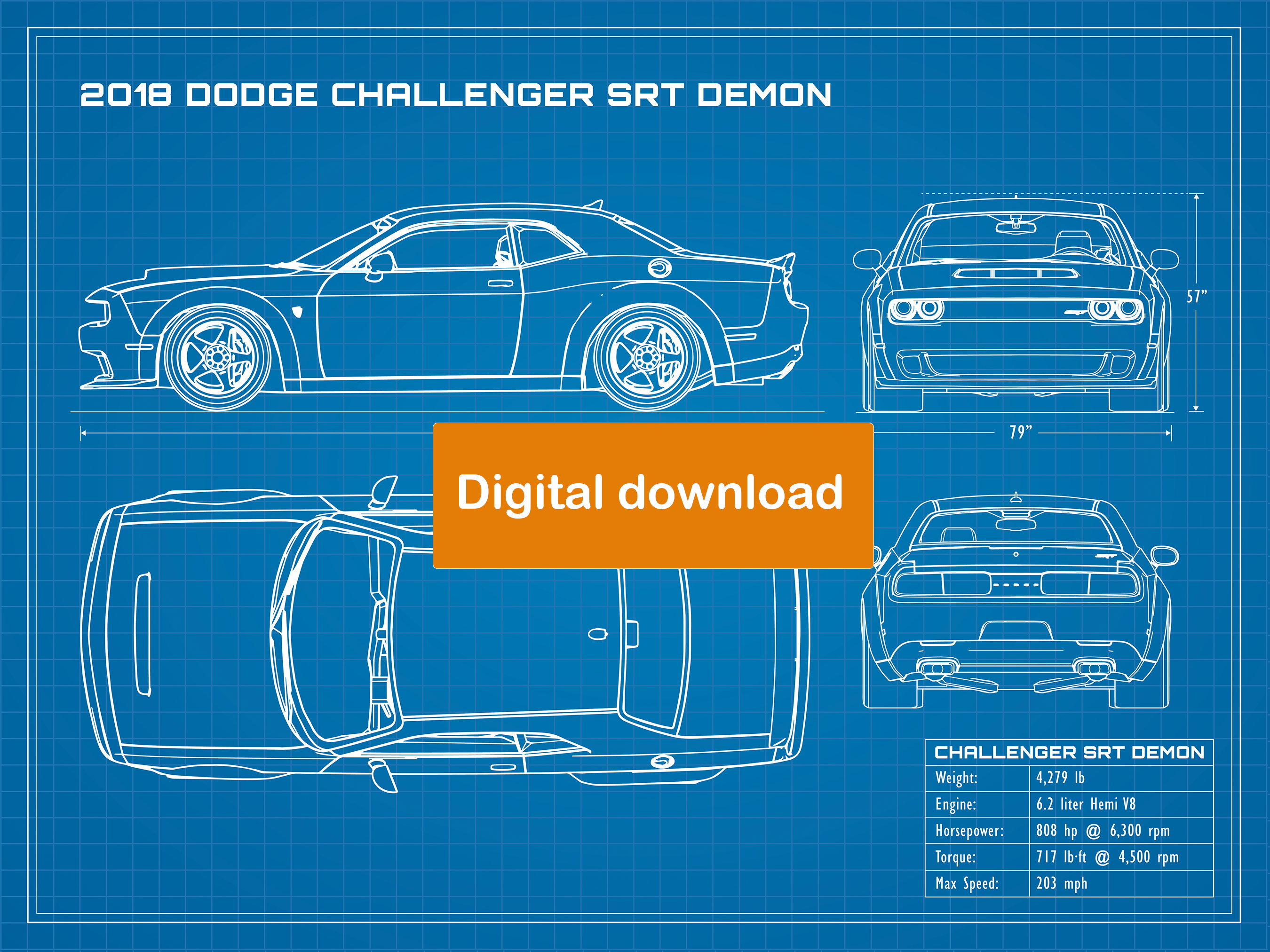 2018 Dodge Challenger SRT Demon Blueprint Poster 18x24 JPEG Image File ...