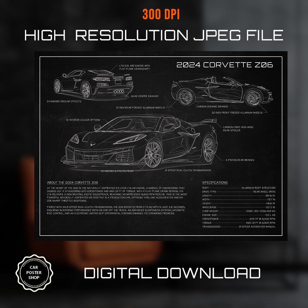 2024 Corvette C8 Z06 Blueprint Poster, Digital Download, High Quality ...
