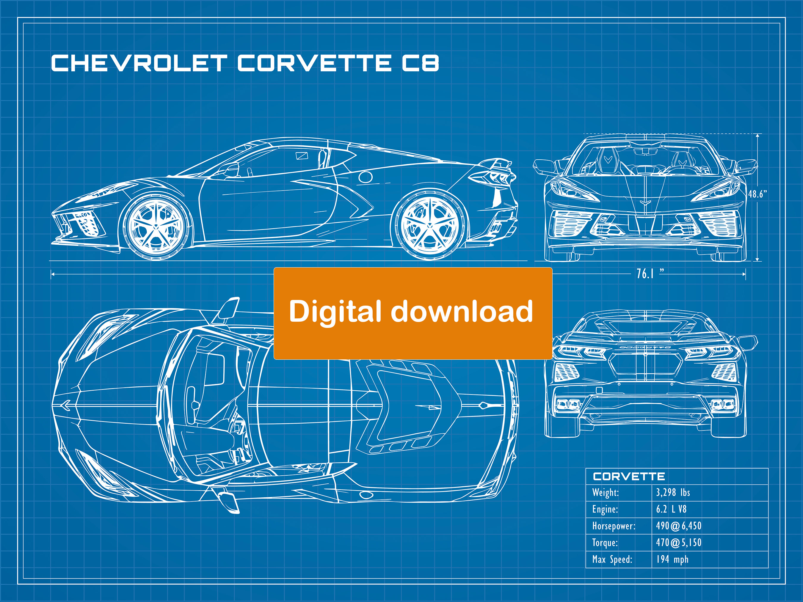 2020 Chevrolet Corvette C8 Blueprint Poster Art 18"x24" (JPEG Image ...