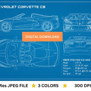 2023 Corvette C8 Blueprint Poster, High Quality JPEG, Gift for Him ...