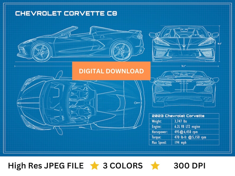 2023 Corvette C8 Blueprint Poster, High Quality JPEG, Gift for Him ...