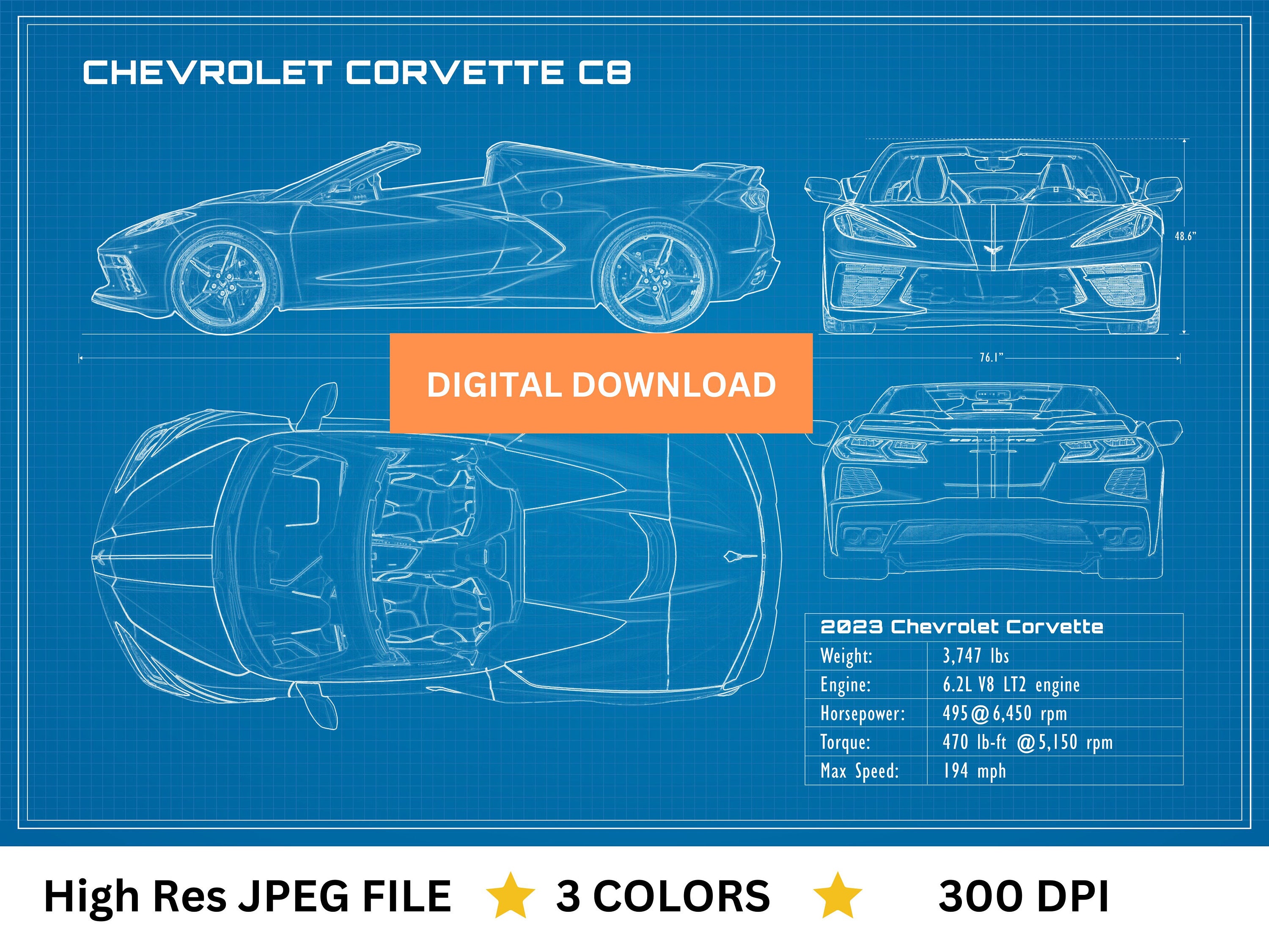 2023 Corvette C8 Blueprint Poster, High Quality JPEG, Gift for Him ...