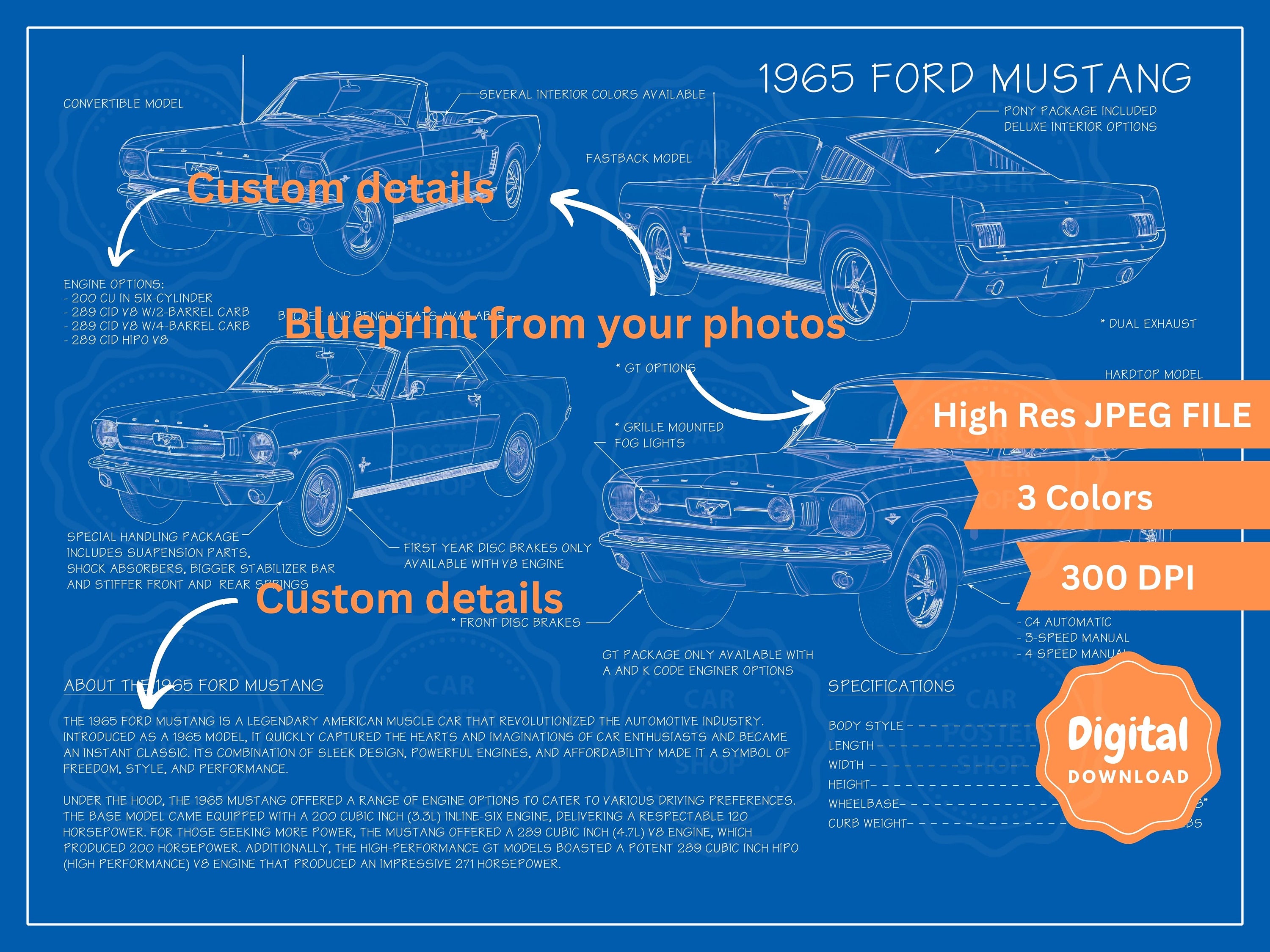Custom Car Blueprint Poster, Digital Download File. Personalized Car ...