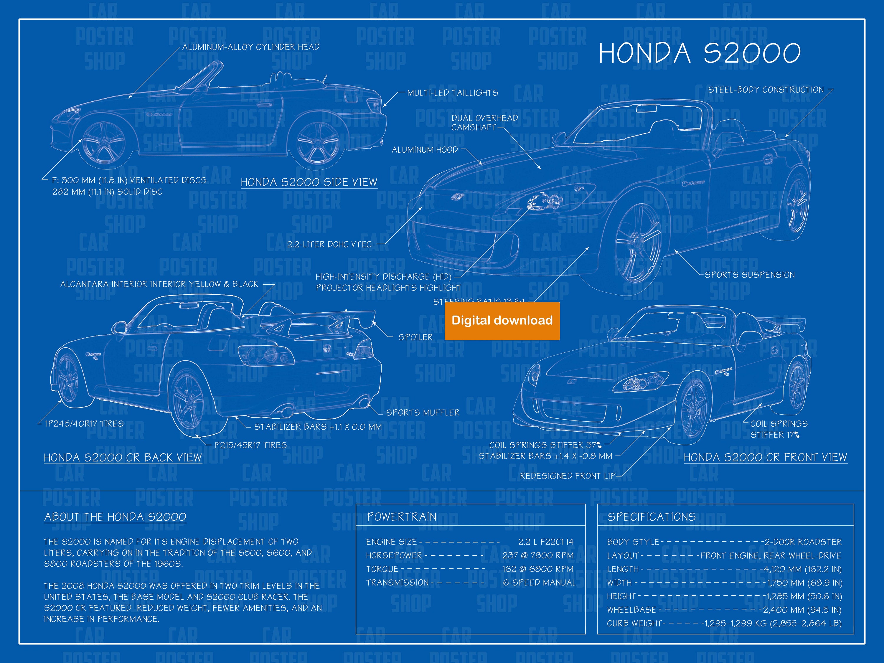 Honda S2000 Blueprint Poster Wall Art Gift for Boyfriend | Etsy