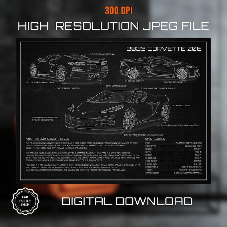 2023 Corvette C8 Z06 Blueprint, High Resolution JPEG, Digital Download ...